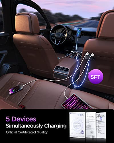 5 Multi USB Car Charger, Car Charger Adapter, USB Car Charger for Multiple Devices, 12V USB Charger Multi Port, Car Charger Cigarette Lighter Adapter USB Charger with 5FT Cable for Back Seat Charging