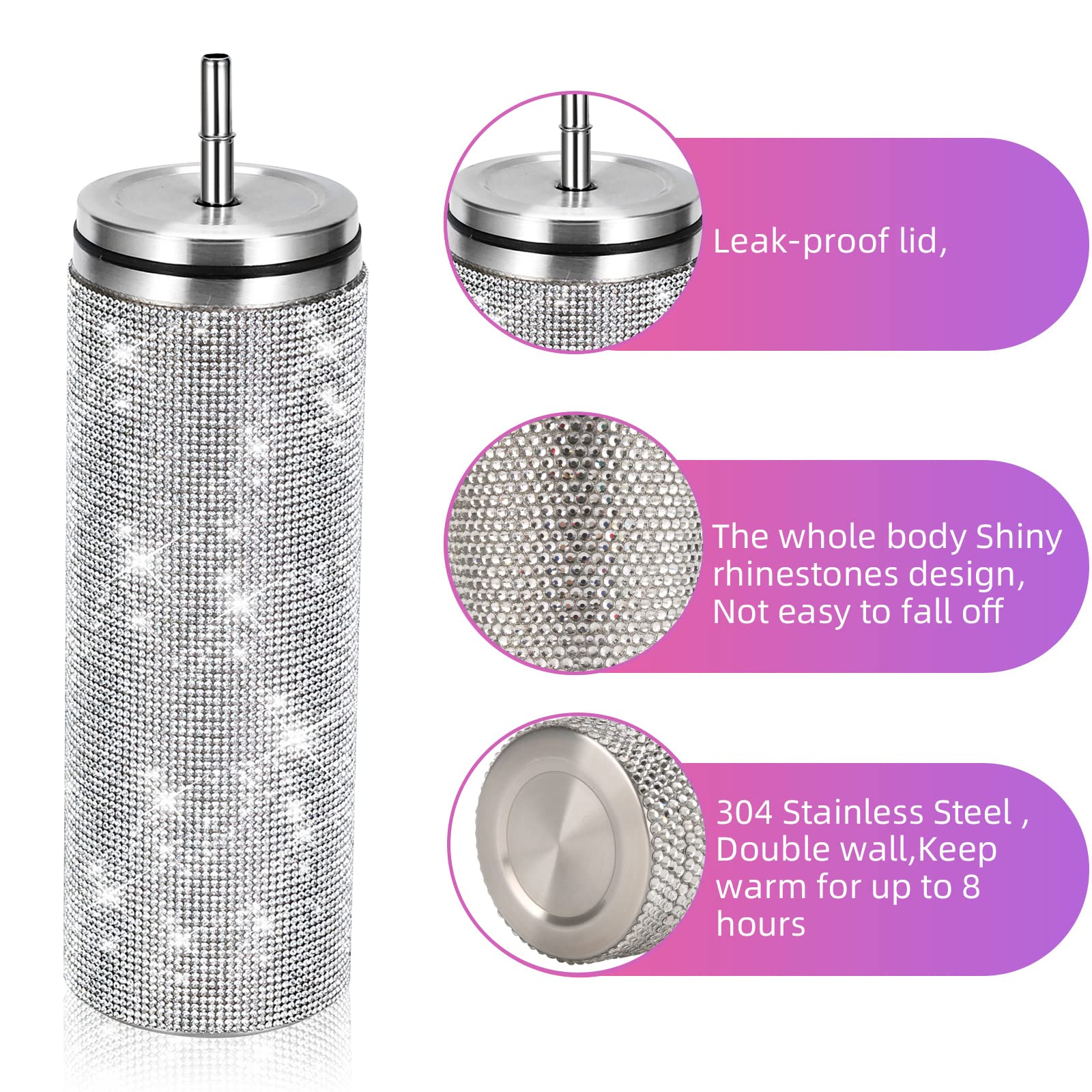 Glitter Water Bottles,Bling Cup -20oz Stainless Steel Diamond Water Bottle Insulated Cups with Lids and Straws Rhinestone ,Gift for Women Mom Girlfreind (silver)