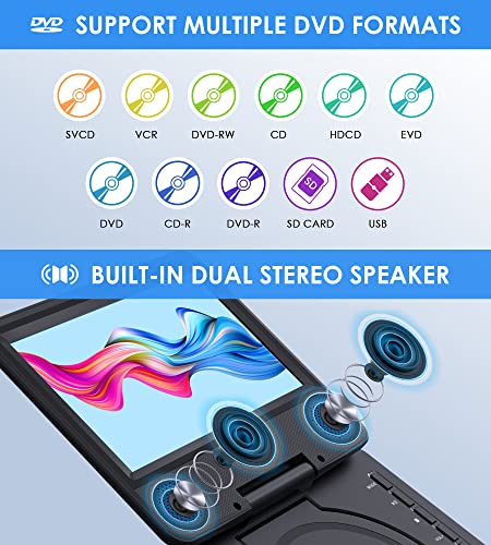 WONNIE 9.5" Portable DVD Player for Kids, Car Headrest Video Players with 7.5" Swivel Screen, 5-Hours Rechargeable Battery, Regions Free, AV in/Out, Support USB/SD Card/Sync TV