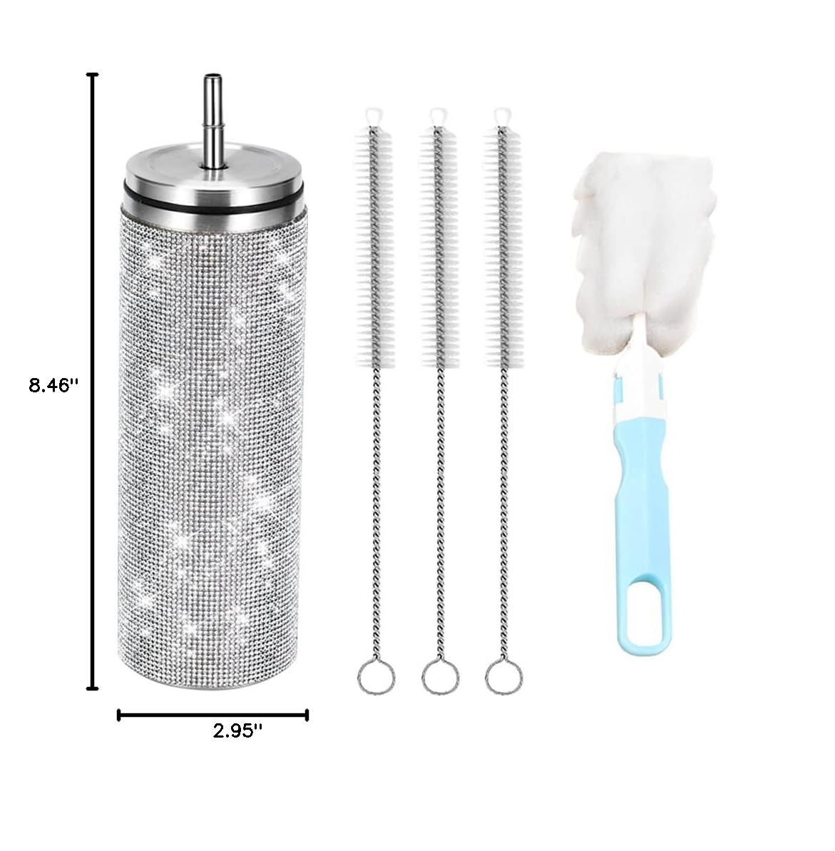 Glitter Water Bottles,Bling Cup -20oz Stainless Steel Diamond Water Bottle Insulated Cups with Lids and Straws Rhinestone ,Gift for Women Mom Girlfreind (silver)