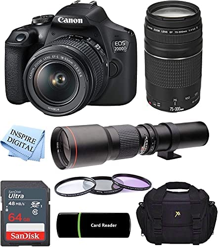 Inspire Digital Canon EOS Rebel 2000D DSLR Camera with 18-55mm is II Lens Bundle + Canon EF 75-300mm f/4-5.6 III Lens and 500mm Preset Lens + 64GB Memory + Filters + Paded Case (Renewed)