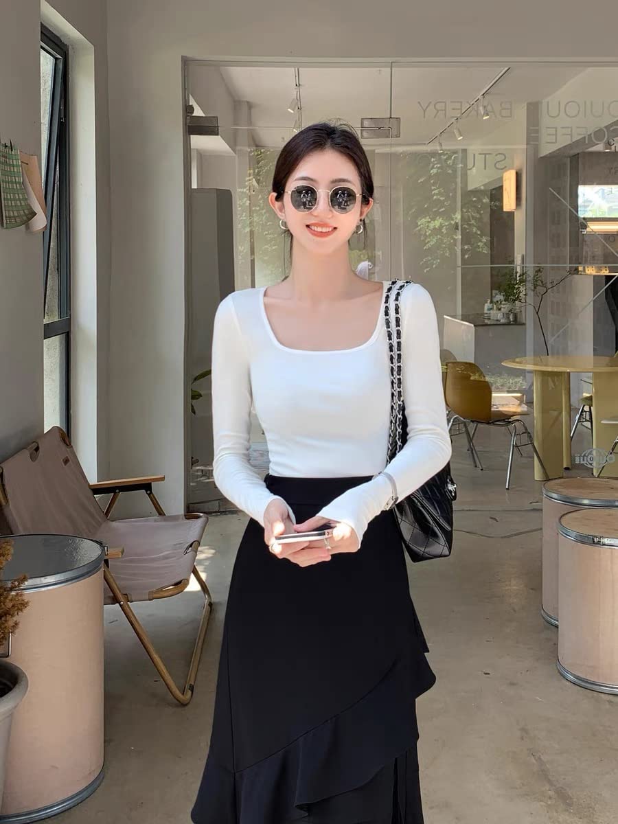 OQQ Women's 2 Piece Bodysuits Sexy Ribbed One Piece Square Neck Long Sleeve Tops Black White