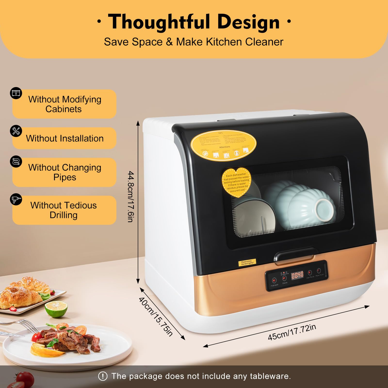 360 Degree Automatic Dishwasher Deep Heating Cleaning Machin Portable Compact Countertop Air Dry Dishwasher Mini Dish Washer with 4 Programs for Home Small Apartments Dorms and RVs (Gold)