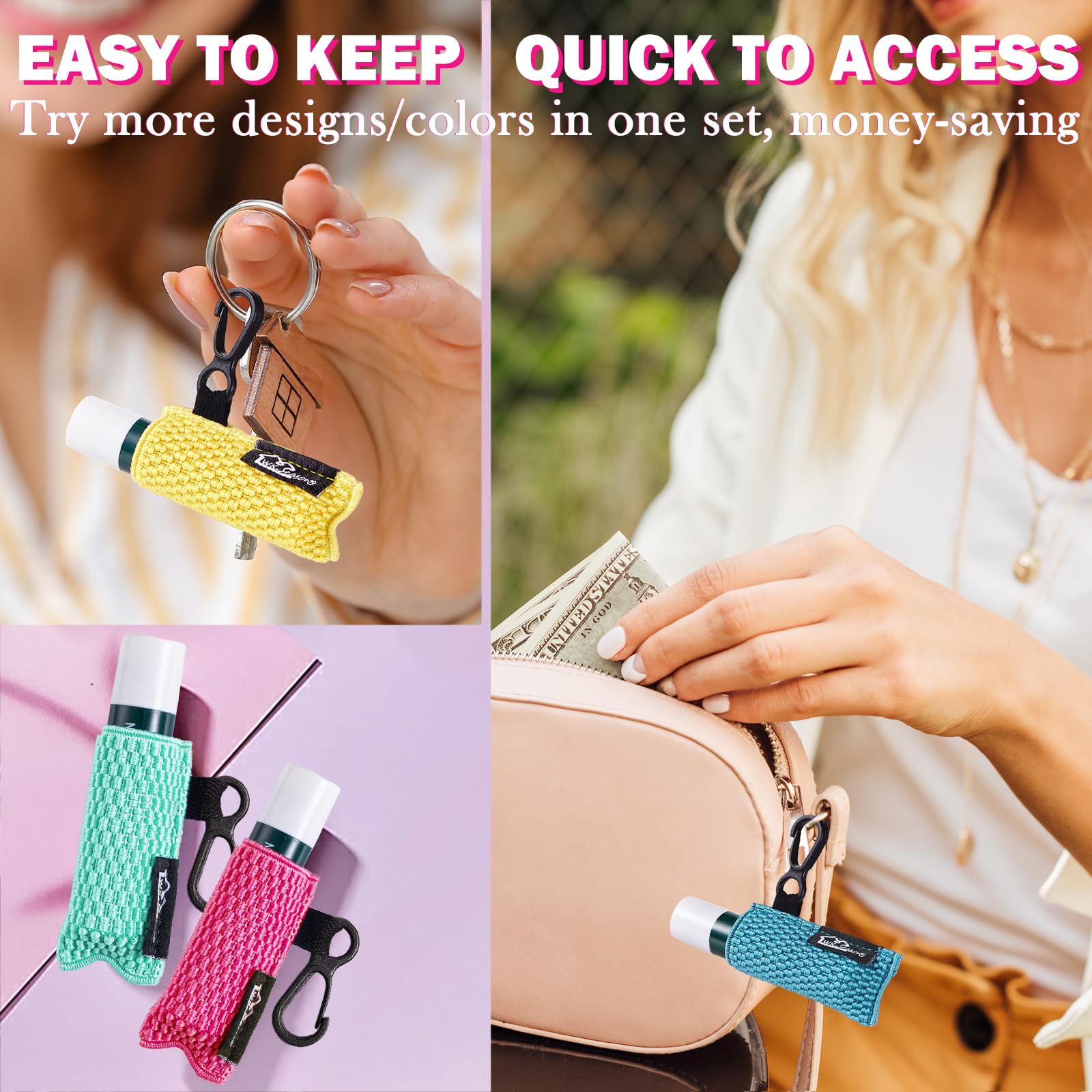 WKieason Lip Balm Sleeves Holder Keychain 3pcs Clip on Chapstick Keychain Holder Pouch Tight-Knit Elastic Lipstick Key Chain Holder (Orange/Purple/Beige)