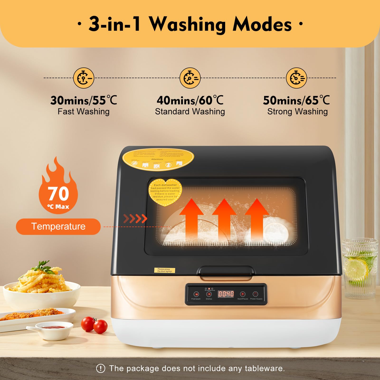 360 Degree Automatic Dishwasher Deep Heating Cleaning Machin Portable Compact Countertop Air Dry Dishwasher Mini Dish Washer with 4 Programs for Home Small Apartments Dorms and RVs (Gold)