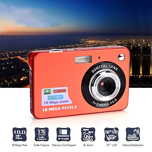 Explopur Digital Camera Mini Pocket Camera 18MP 2.7 Inch LCD S n 8X Zoom Smile Capture Anti-Shake with Battery