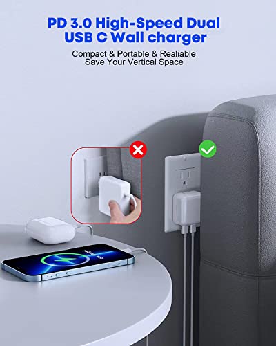 Apple USB C Charger, 40W Dual USB C Fast Wall Charger [MFi Certified] Super Quick Double Port iPhone Charger USB C Foldable Plug with USB C to Lightning Cable and USB C to USB C Cable for iPhone, iPad