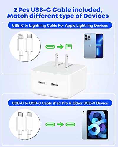 Apple USB C Charger, 40W Dual USB C Fast Wall Charger [MFi Certified] Super Quick Double Port iPhone Charger USB C Foldable Plug with USB C to Lightning Cable and USB C to USB C Cable for iPhone, iPad