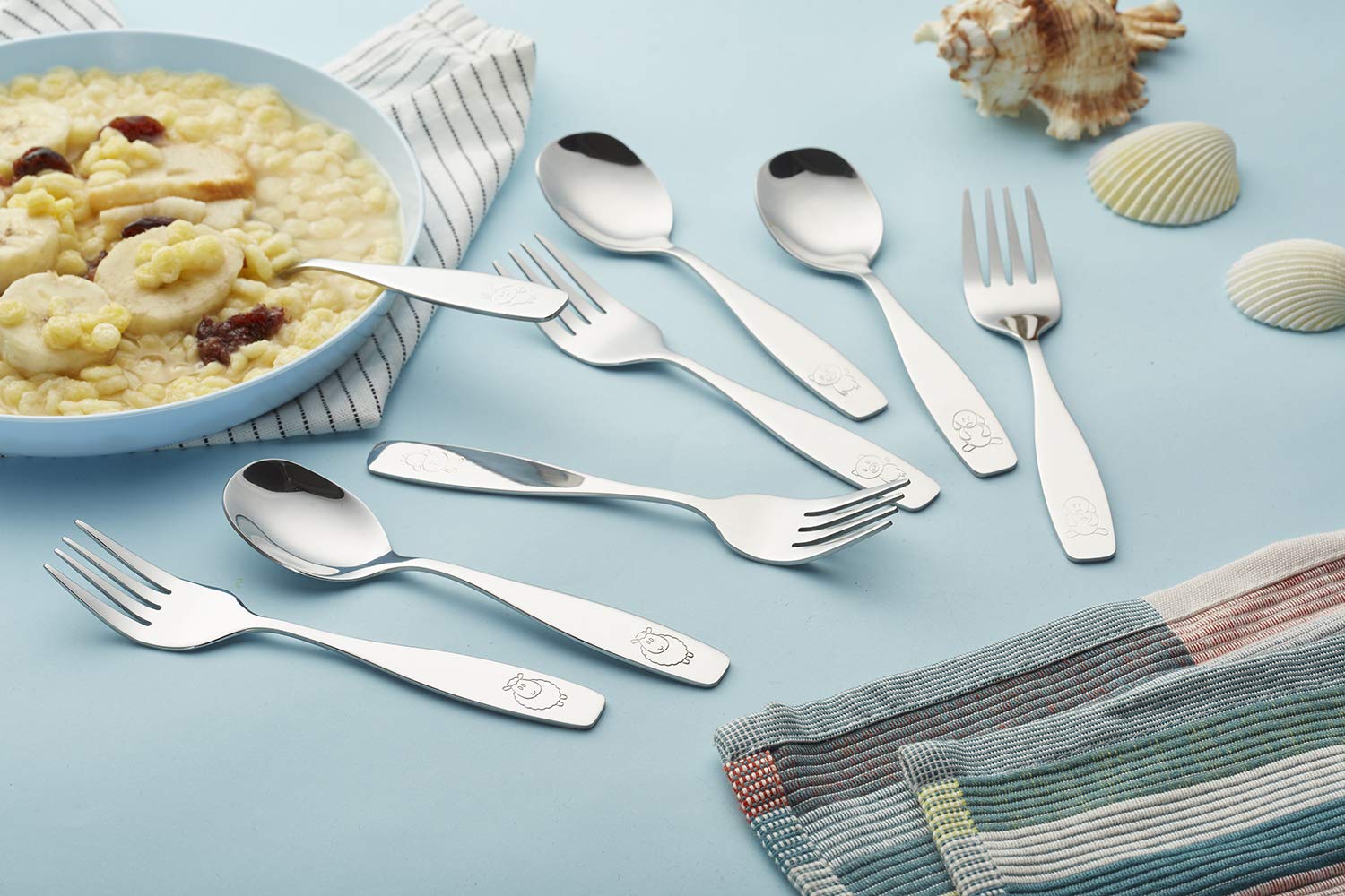 ANNOVA Kids Silverware 6 Pieces Children's Safe Flatware Set Stainless Steel - 3 x Forks, 3 x Children Tablespoons, Toddler Utensils, Metal Cutlery Set for LunchBox (Engraved Dog Bunny)