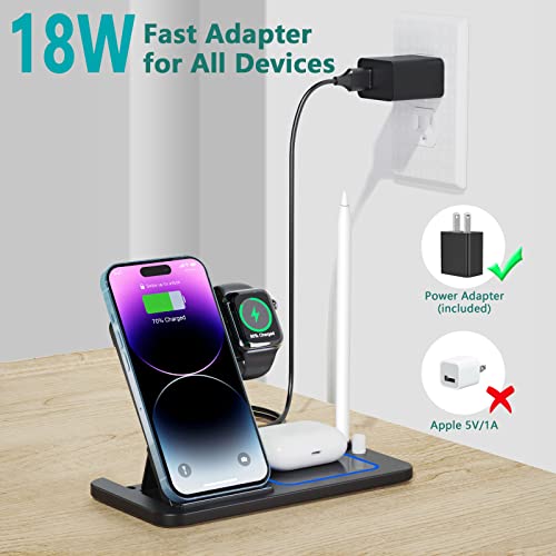 Wireless Charging Station for Apple Multiple Devices - 4 in 1 Charger Station Stand Dock for Apple Watch Series 7 6 SE 5 4 3 2 & Airpods Apple Pencil iPhone 13 12 11 Pro X XR 8 iwatch with Adapter