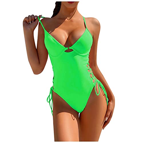 Nadition One Piece Swimsuit Women Women's Bikini Swimsuits Sexy Plain V-Neck Beach Swimwear Bikinisfor Women,Green,S