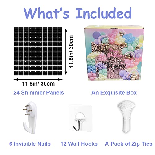 24 Panels Black Shimmer Wall Panels Backdrops, Square Sequins Backdrops with 3D Effect, Large Black Photo backdrops for Christmas, Birthday, Graduation, Wedding, Party Decoration and Home Decoration