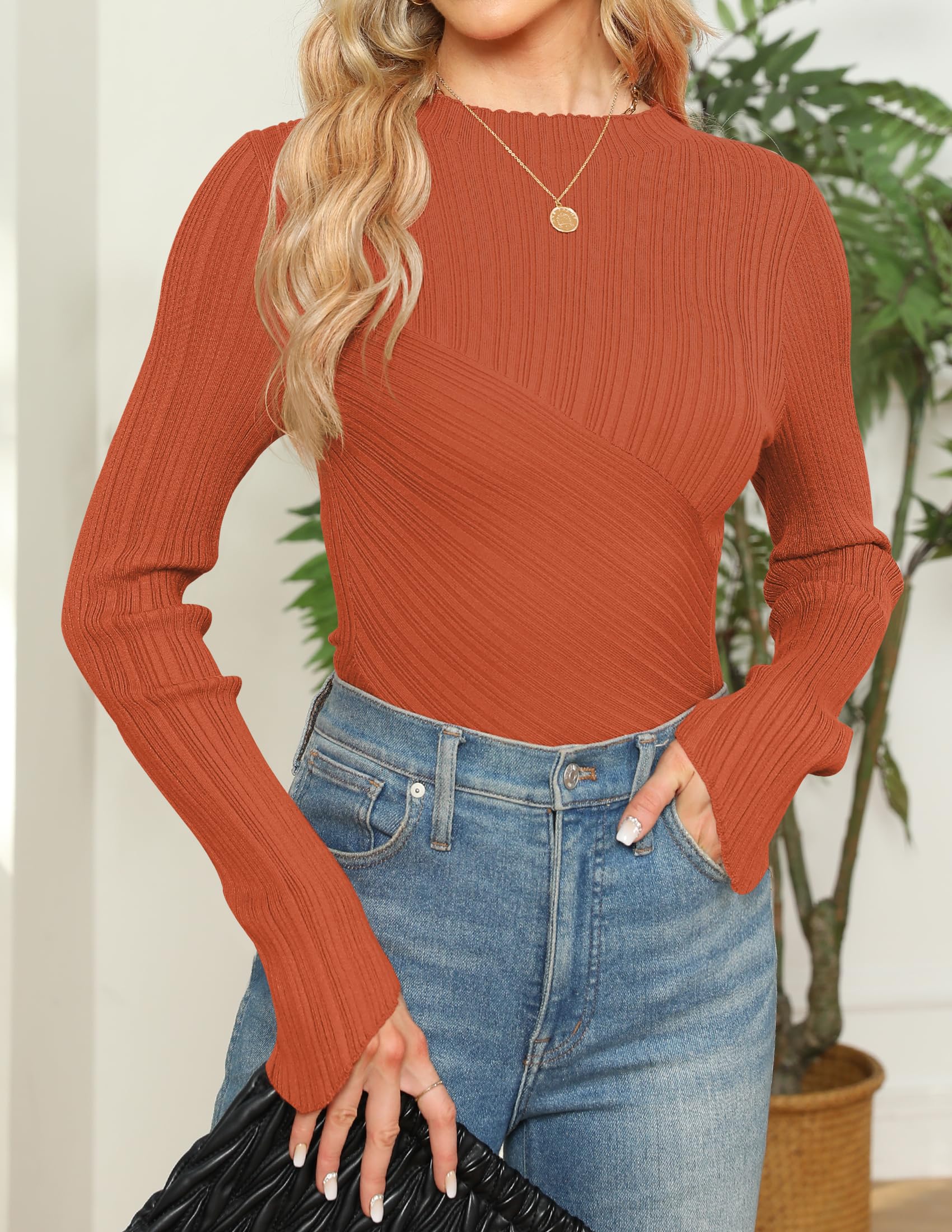 HAEOF Womens 2023 Fall Lightweight Sweaters Long Sleeve Thermal T Shirts Trendy Ribbed Fitted Dressy Casual Tops(RustRed, M)