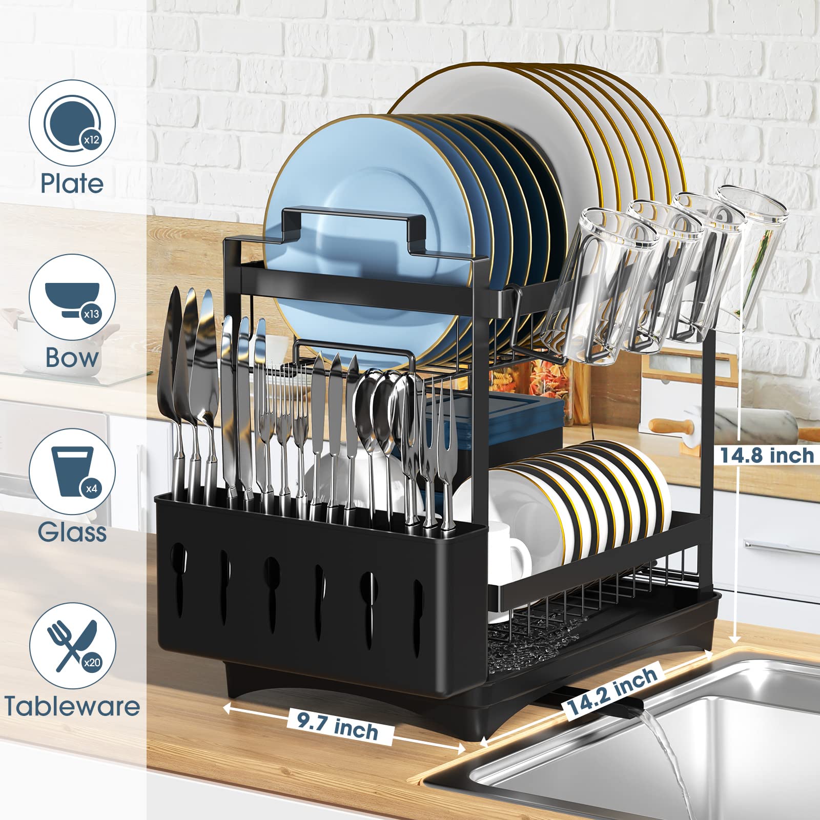 Squish Dish Drying Rack, 2-Tier Rustproof Dish Rack with Drainboard, Large Dish Drainer for Kitchen Counter with Utensil Holder, Cutlery Holder, Cup Holder, Cutting Board Holder