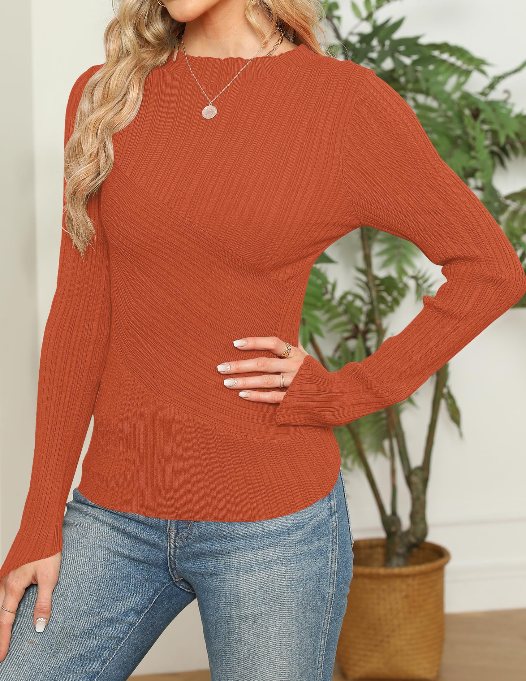 HAEOF Womens 2023 Fall Lightweight Sweaters Long Sleeve Thermal T Shirts Trendy Ribbed Fitted Dressy Casual Tops(RustRed, M)