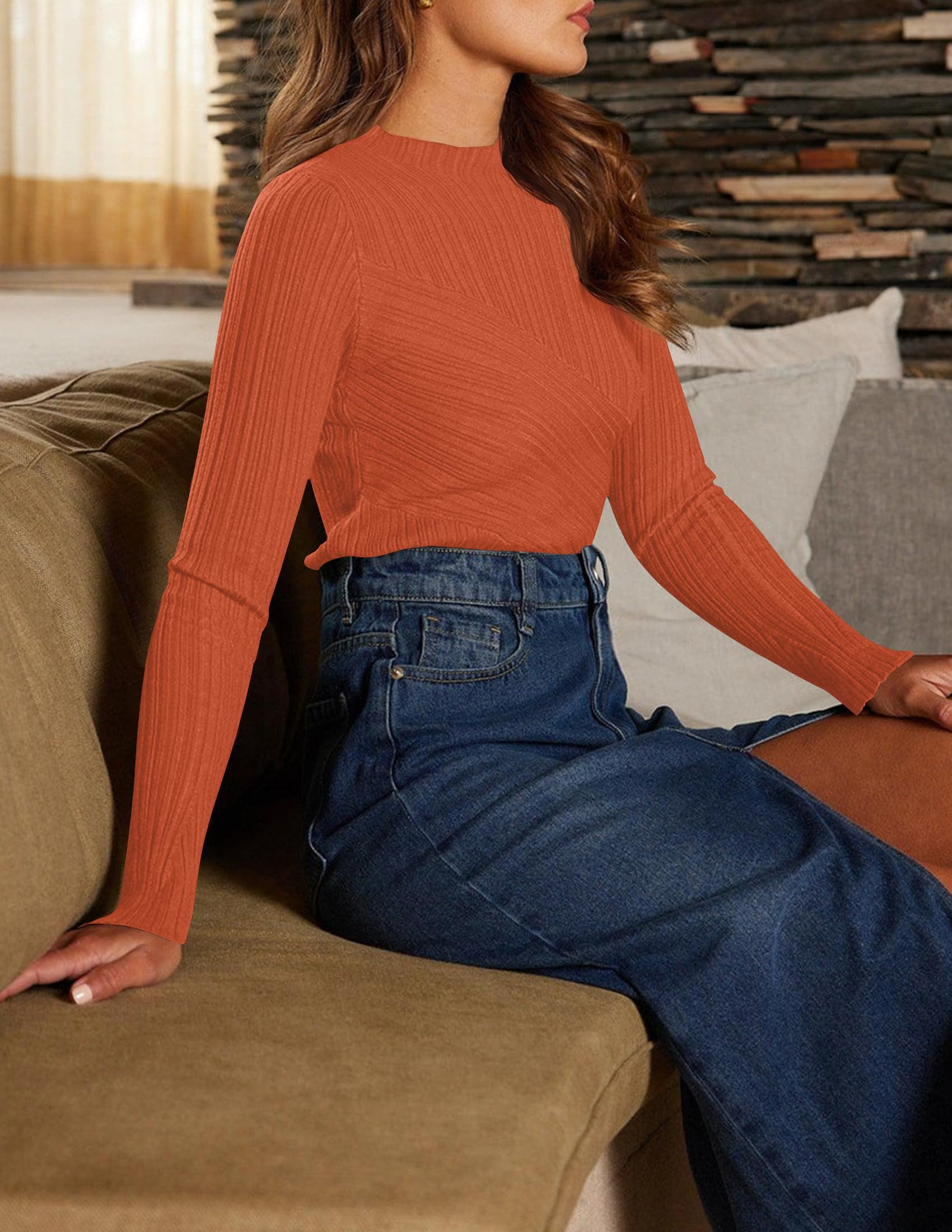 HAEOF Womens 2023 Fall Lightweight Sweaters Long Sleeve Thermal T Shirts Trendy Ribbed Fitted Dressy Casual Tops(RustRed, M)