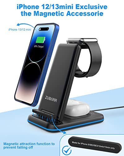 ZUBARR Foldable Wireless Charger for Multiple Devices 3 in 1 Wireless Charging Station for iPhone13 12 11/Pro/Mini/XS/XR,Wireless Charging Stand for Apple Watch SE/7/6/5/4/3/2, AirPods Wireless/Pro