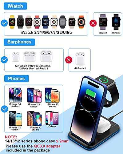 ZUBARR Foldable Wireless Charger for Multiple Devices 3 in 1 Wireless Charging Station for iPhone13 12 11/Pro/Mini/XS/XR,Wireless Charging Stand for Apple Watch SE/7/6/5/4/3/2, AirPods Wireless/Pro