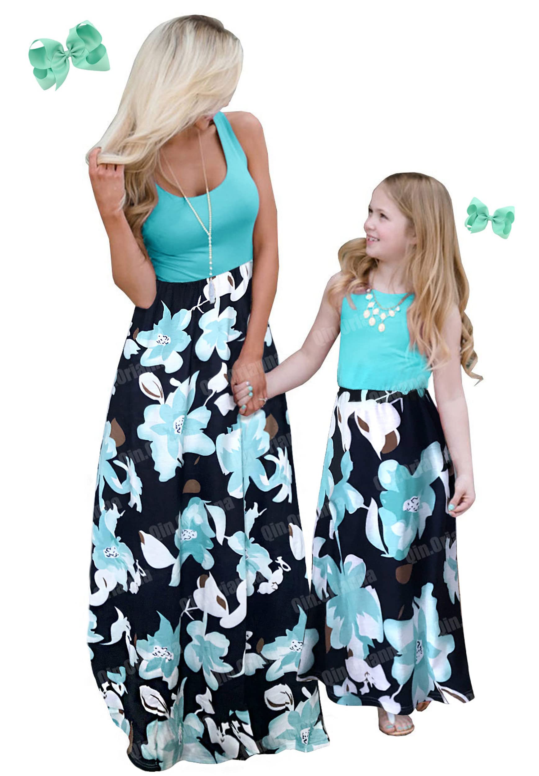 Qin.Orianna Mommy and Me Boho Floral Family Matching Maxi Dress with Pocket for Mother’s Day Green