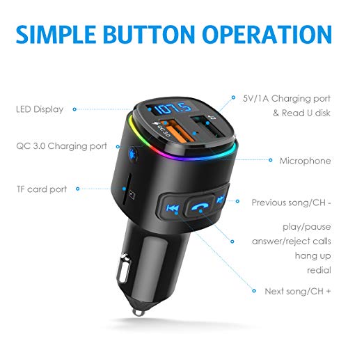 Upgraded Criacr V5.0 Bluetooth FM Transmitter for Car, QC3.0 Charge & 7 RGB Color LED Backlit Wireless FM Radio Car Adapter, Support Siri Google Assitant, U Disk, SD Card, Hands-Free Calls Kit
