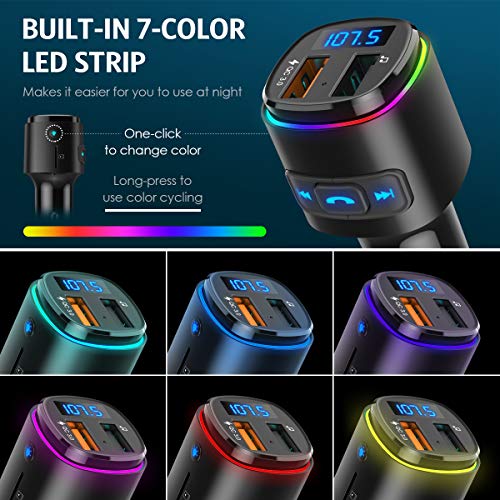 Upgraded Criacr V5.0 Bluetooth FM Transmitter for Car, QC3.0 Charge & 7 RGB Color LED Backlit Wireless FM Radio Car Adapter, Support Siri Google Assitant, U Disk, SD Card, Hands-Free Calls Kit