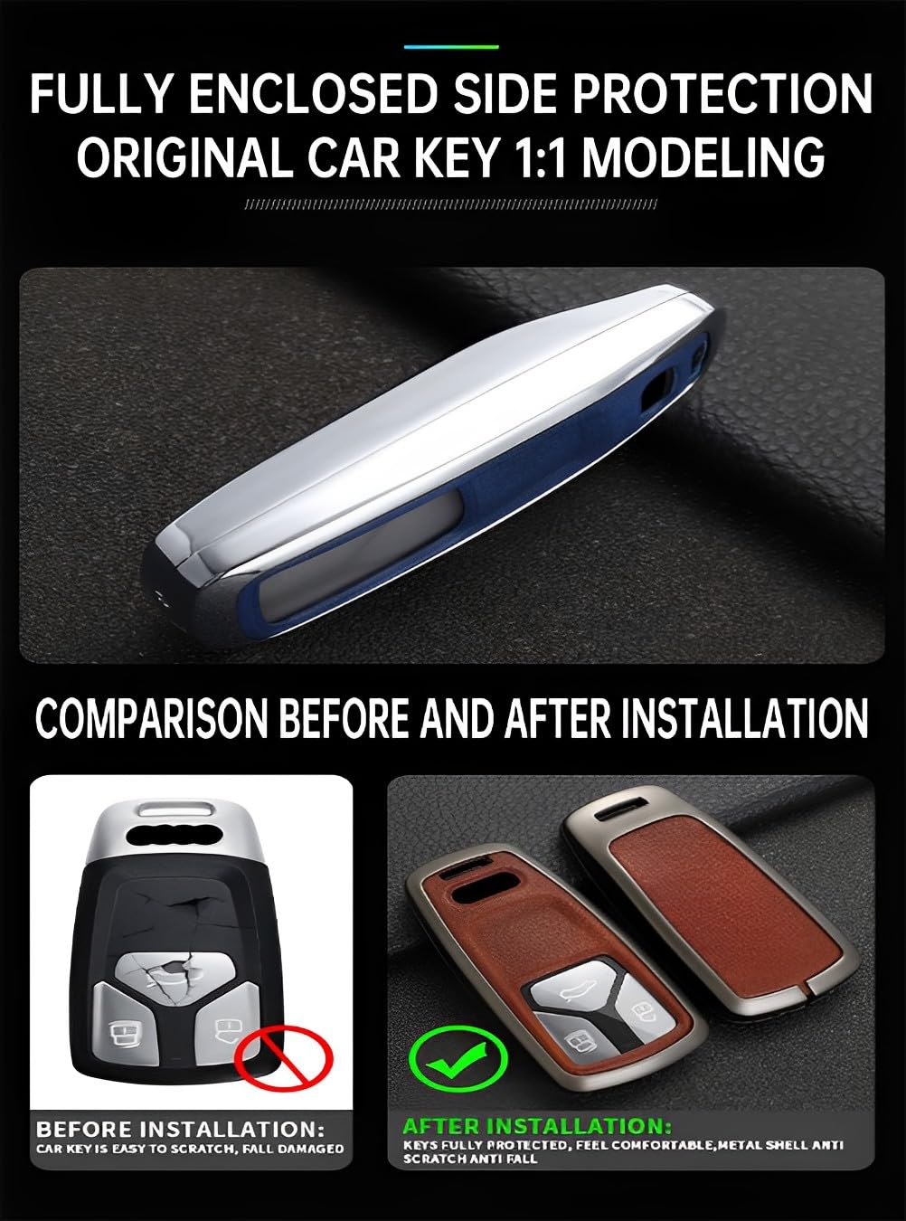 for Audi Key Fob Cover Case Metal Shell Car Smart Keys Protect Keychain Compatible Audi A4 A5 Q7 Q5 TT RS A3 A6 SQ5 SQ7 R8 S5 (P-AODIBqh-Black)