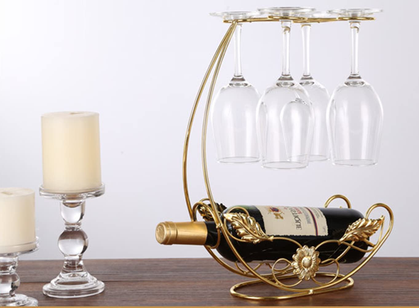 Homya Tabletop Wine Rack, Metal Fine Forged Wine Glass Holder, Kitchen Bar Wine Glass Display Holder, Holds 1 Wine Bottle and 4 Wine Glasses, Table Wine Bottle Accessories, Gold