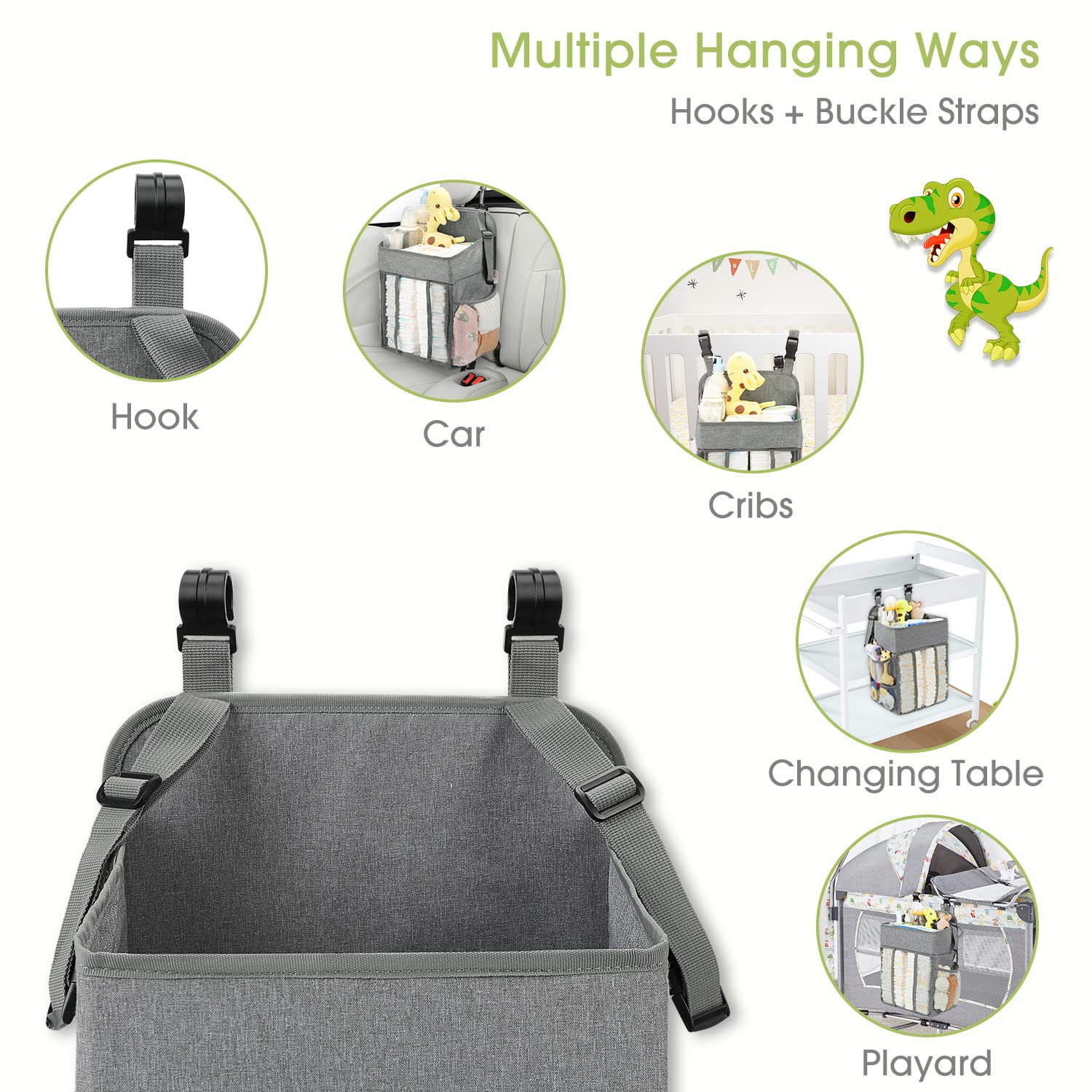 Maliton Changing Table Diaper Organizer - Baby Hanging Diaper Stacker Nursery Caddy Organizer for Cribs Playard Baby Essentials Storage (Gray)