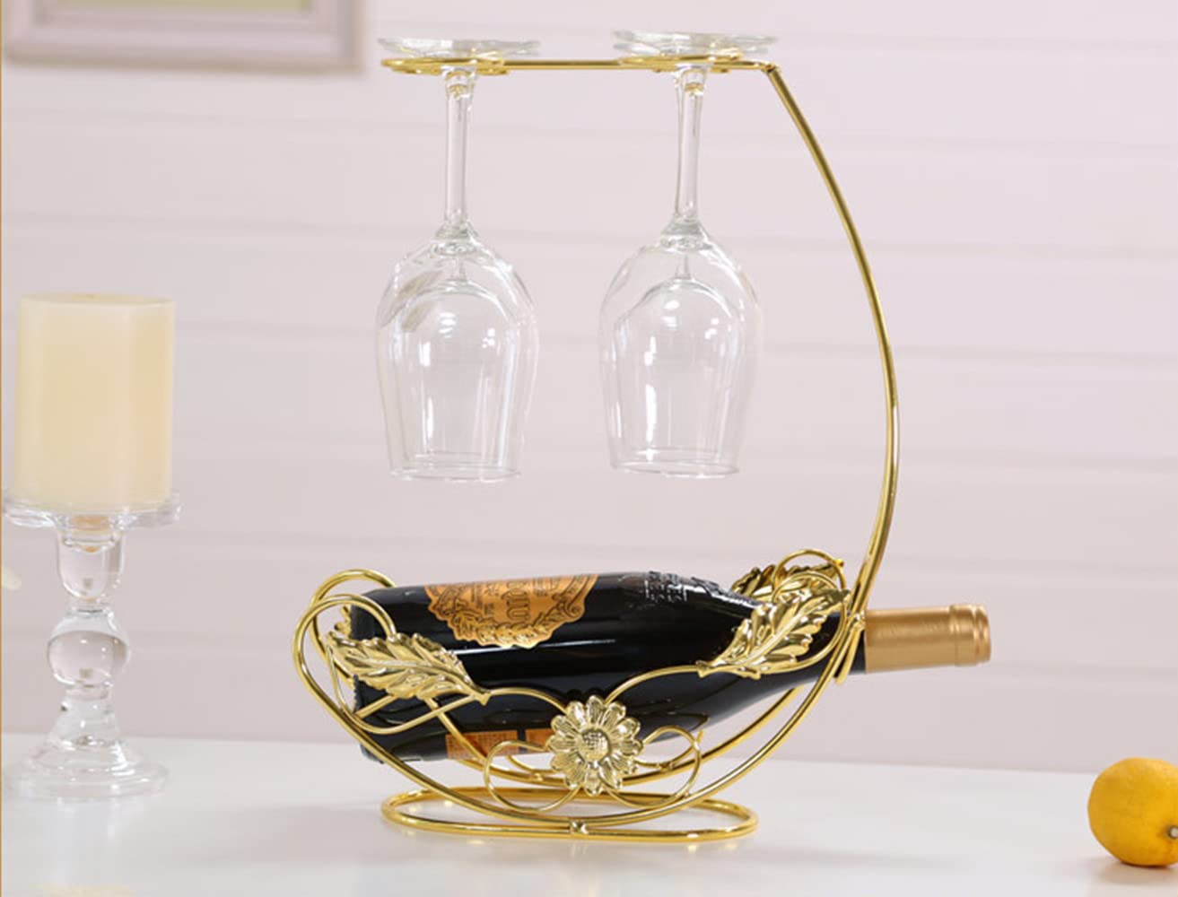 Homya Tabletop Wine Rack, Metal Fine Forged Wine Glass Holder, Kitchen Bar Wine Glass Display Holder, Holds 1 Wine Bottle and 4 Wine Glasses, Table Wine Bottle Accessories, Gold