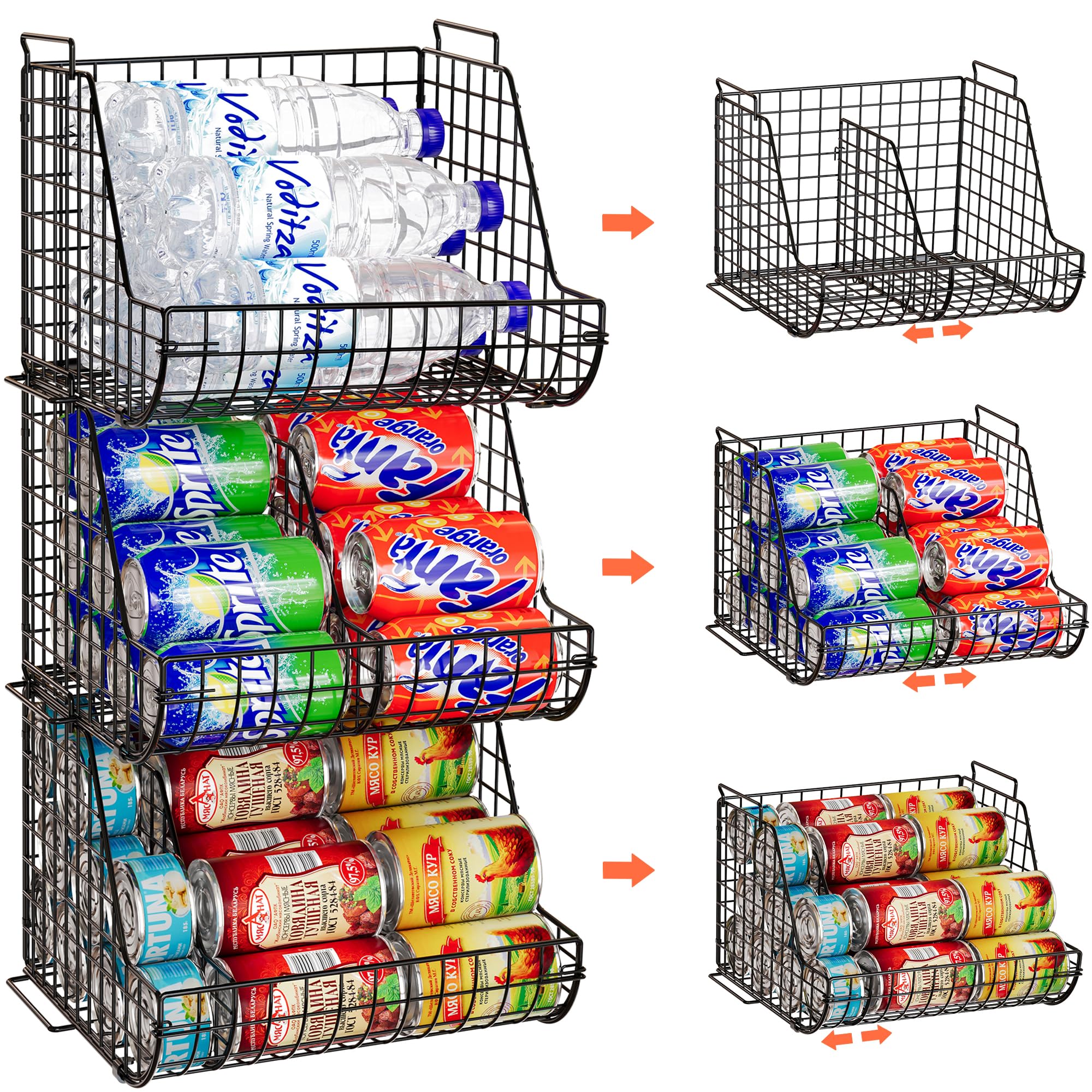 Stacking Can Dispensers 3 Tier with 3 Divider, Pantry Can Organizer, Standing Water Bottle Holder, Beverage Drink Pop Soda Can Storage Basket, Canned Food Container Rack Wire Bins for Kitchen Cabinet