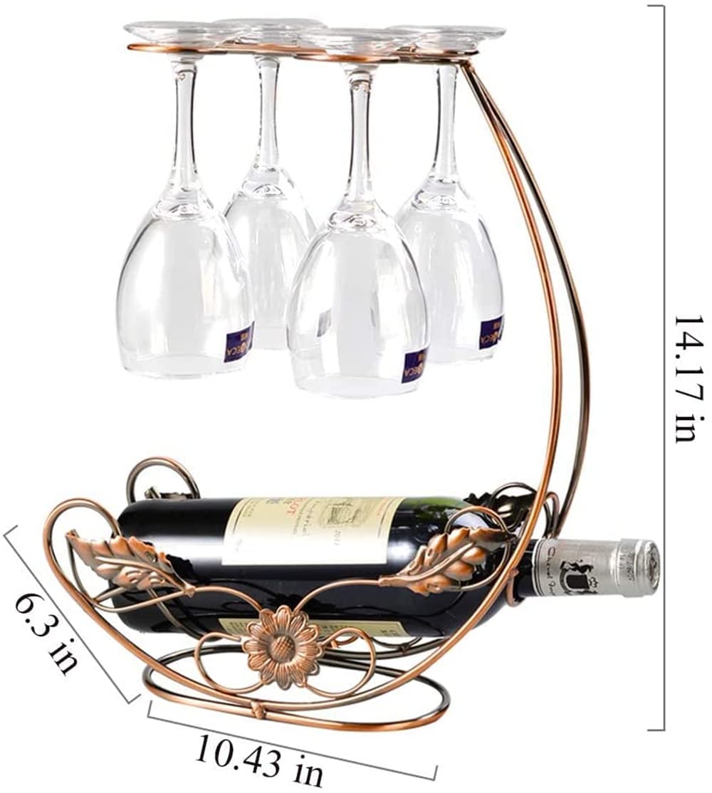 Homya Tabletop Wine Rack, Metal Fine Forged Wine Glass Holder, Kitchen Bar Wine Glass Display Holder, Holds 1 Wine Bottle and 4 Wine Glasses, Table Wine Bottle Accessories, Gold
