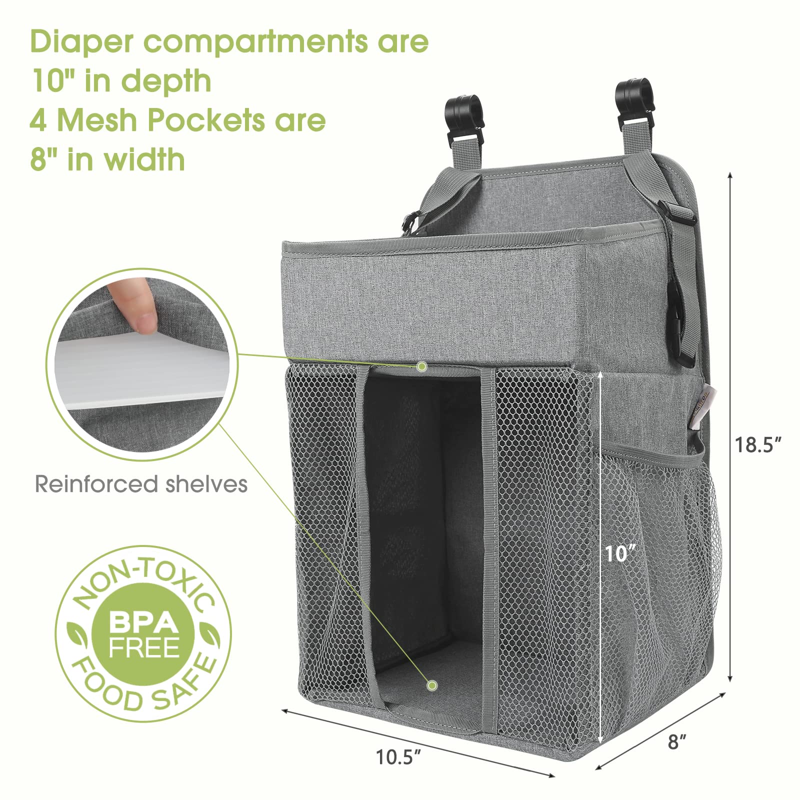 Maliton Changing Table Diaper Organizer - Baby Hanging Diaper Stacker Nursery Caddy Organizer for Cribs Playard Baby Essentials Storage (Gray)