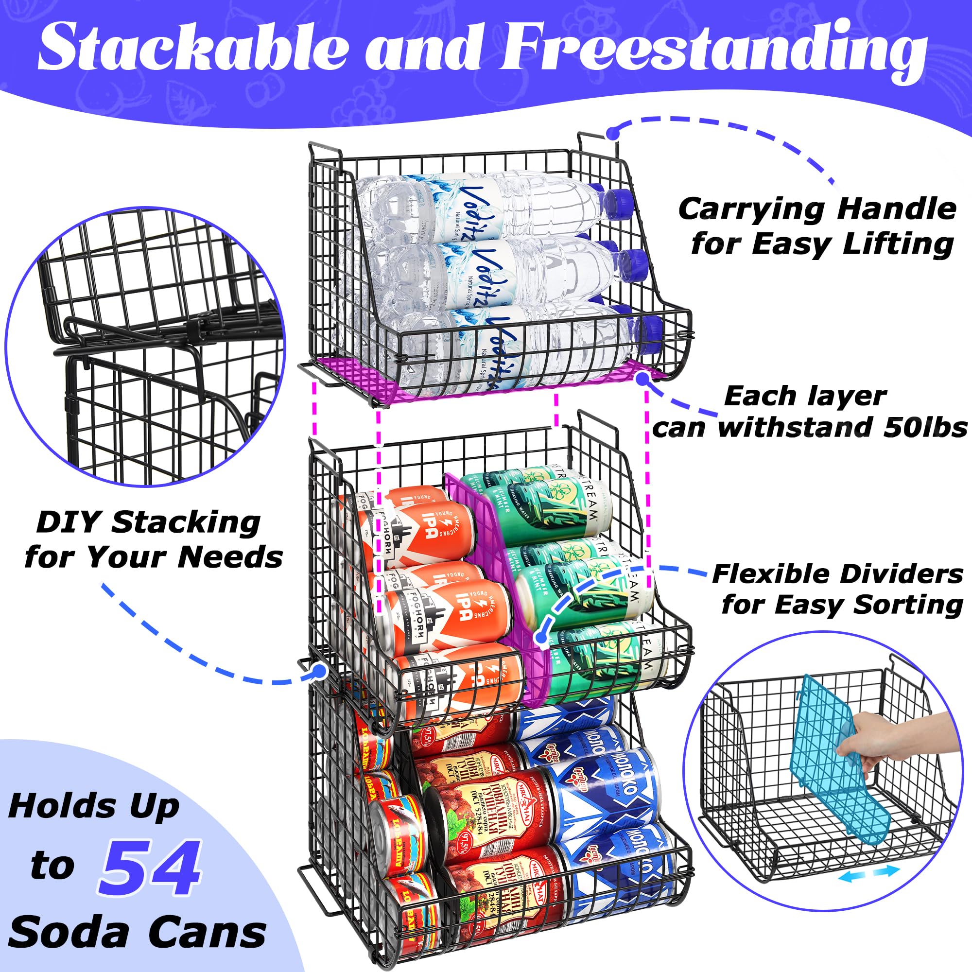 Stacking Can Dispensers 3 Tier with 3 Divider, Pantry Can Organizer, Standing Water Bottle Holder, Beverage Drink Pop Soda Can Storage Basket, Canned Food Container Rack Wire Bins for Kitchen Cabinet