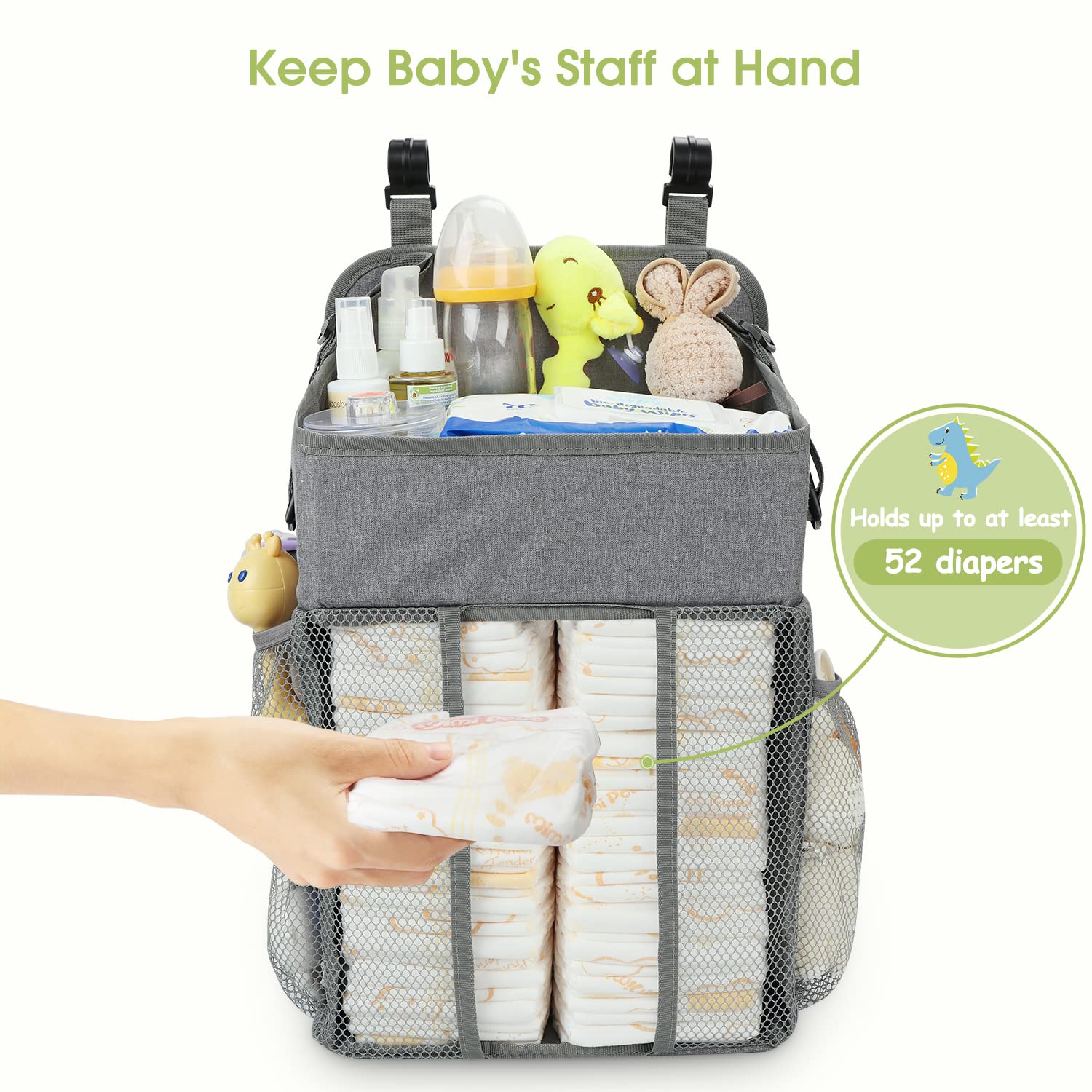 Maliton Changing Table Diaper Organizer - Baby Hanging Diaper Stacker Nursery Caddy Organizer for Cribs Playard Baby Essentials Storage (Gray)