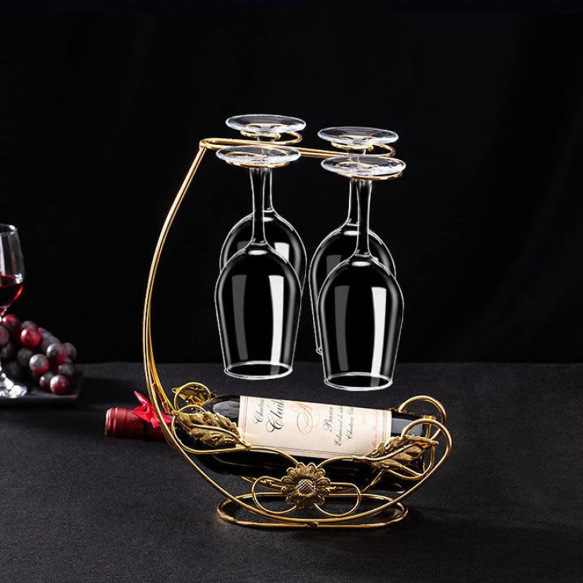 Homya Tabletop Wine Rack, Metal Fine Forged Wine Glass Holder, Kitchen Bar Wine Glass Display Holder, Holds 1 Wine Bottle and 4 Wine Glasses, Table Wine Bottle Accessories, Gold