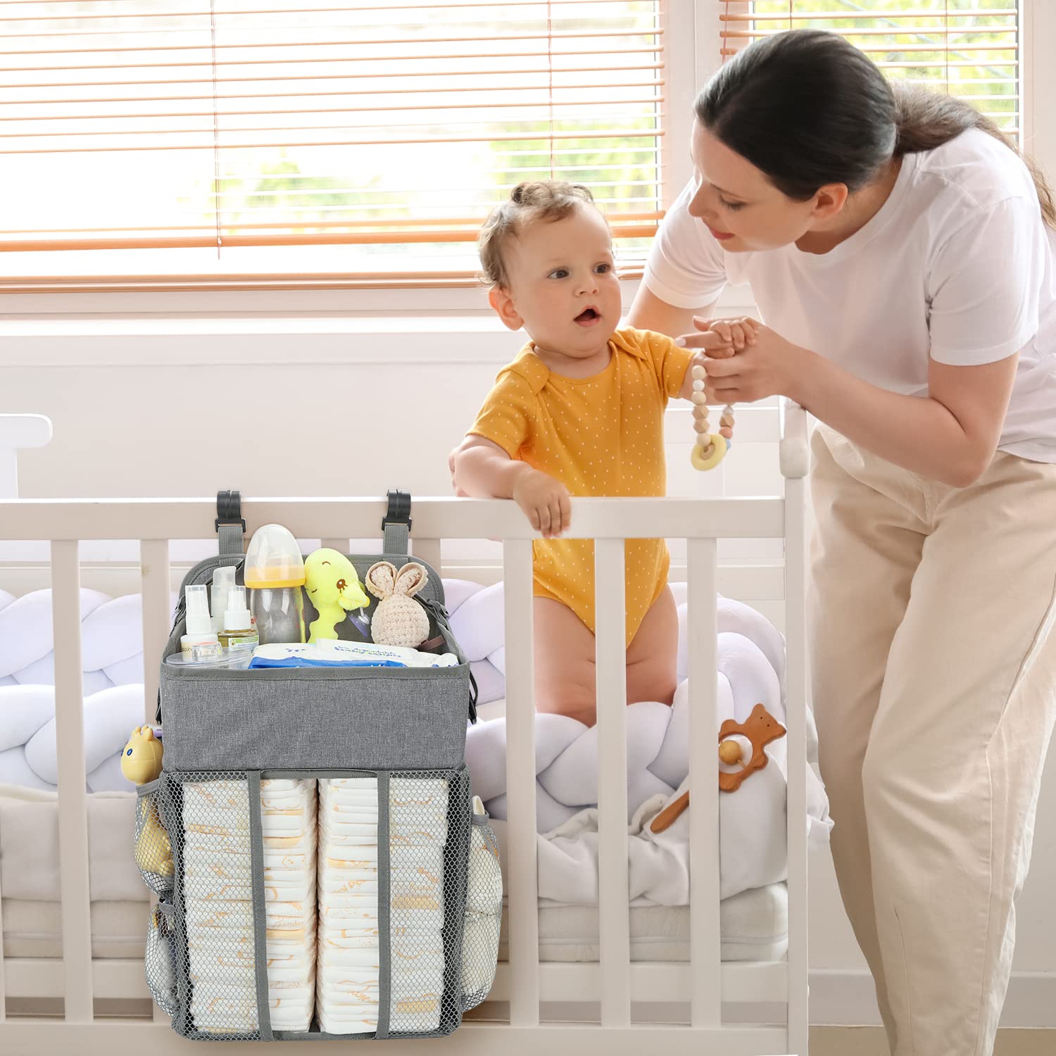 Maliton Changing Table Diaper Organizer - Baby Hanging Diaper Stacker Nursery Caddy Organizer for Cribs Playard Baby Essentials Storage (Gray)