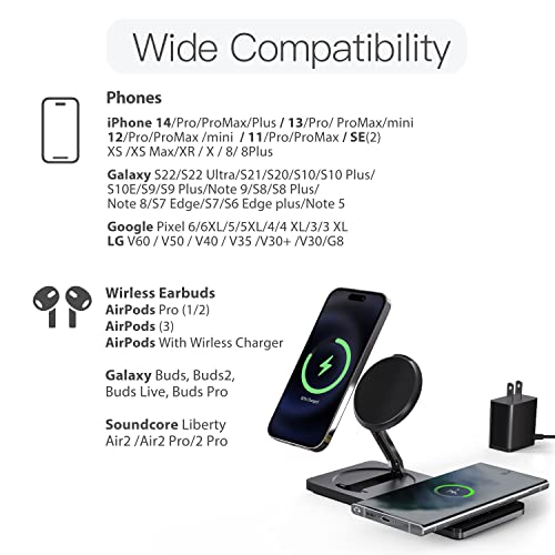Magsafe Charger, 2 in 1 Magsafe Charger Stand, Fast Magnetic Charger Compatible with iPhone 14/13/12/pro/max/mini, AirPods 2/3/pro, iPhone Magsafe Desk Charger Foldable Black