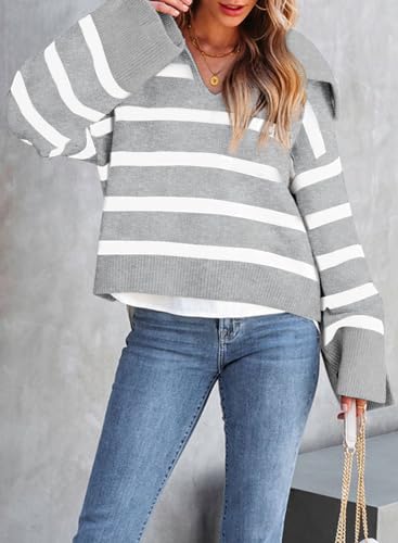 Dokotoo Fall Tops for Women 2023 Trendy Long Sleeve Knitted Striped Autumn Ladies Fashion Pullover Cashmere Sweaters Gray