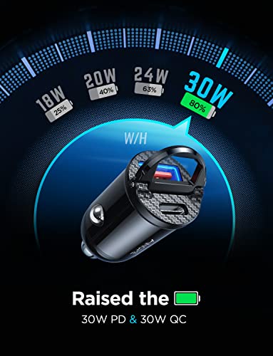 USB C Car Charger Fast Charge, 60W Smallest USB Car Charger Flush Fit AINOPE 30W QC&30W PD Fast Cigarette Lighter USB Charger Compatible with iPhone 14 pro max/13/12, Samsung S22/S20, iPad, MacBook