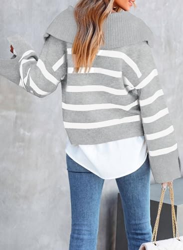 Dokotoo Fall Tops for Women 2023 Trendy Long Sleeve Knitted Striped Autumn Ladies Fashion Pullover Cashmere Sweaters Gray
