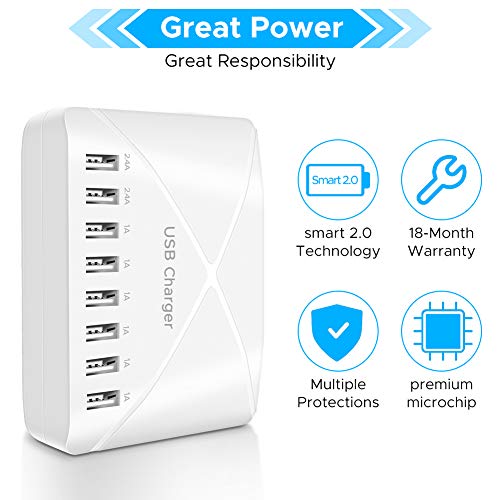Ksing 8 Port USB Charging Station, 40W Home Desktop USB Fast Charger, Multiple USB Desktop Chargers, Suitable for Hotels, Shops, Schools, Shopping malls and Travel (UL Certification)(White)