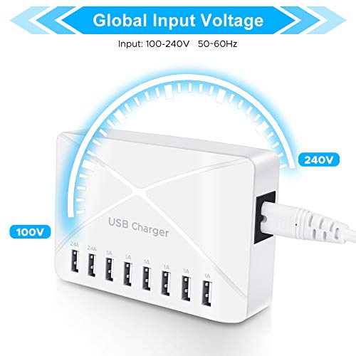 Ksing 8 Port USB Charging Station, 40W Home Desktop USB Fast Charger, Multiple USB Desktop Chargers, Suitable for Hotels, Shops, Schools, Shopping malls and Travel (UL Certification)(White)