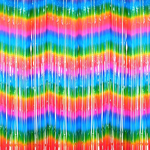 3 Pack 3.2ft x 8.2ft Rainbow Metallic Tinsel Curtains Mexican Fiesta Party Photo Backdrop Foil Fringe Curtains Photo Booth Props for Unicorn Birthday Party,Tie Dye Bridal Shower Party Decorations