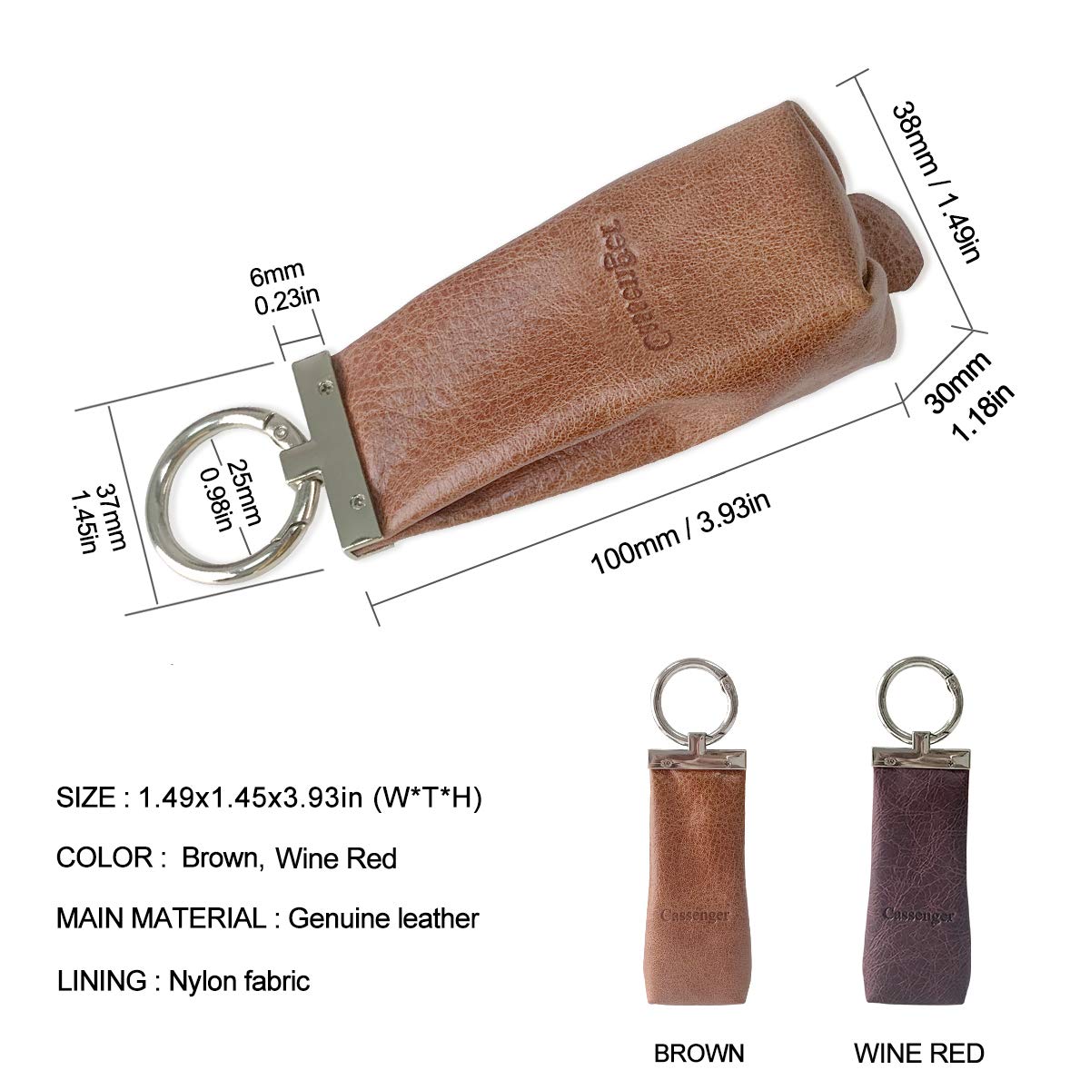 Cassenger Car Key Case, Genuine Leather Car Smart Key Chain Keychain Key Holder and Keyring Zipper Bag - Brown
