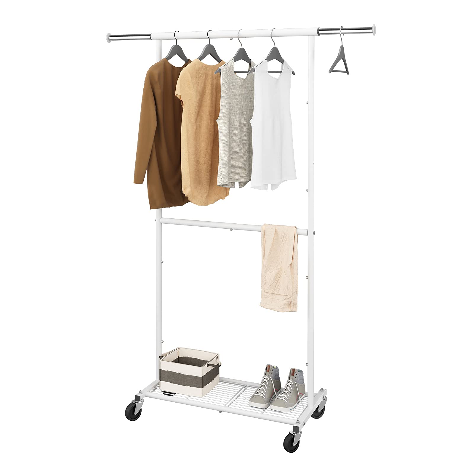 Simple Trending Standard Clothing Garment Rack, Rolling Clothes Organizer with Wheels and Bottom Shelves, Extendable, White