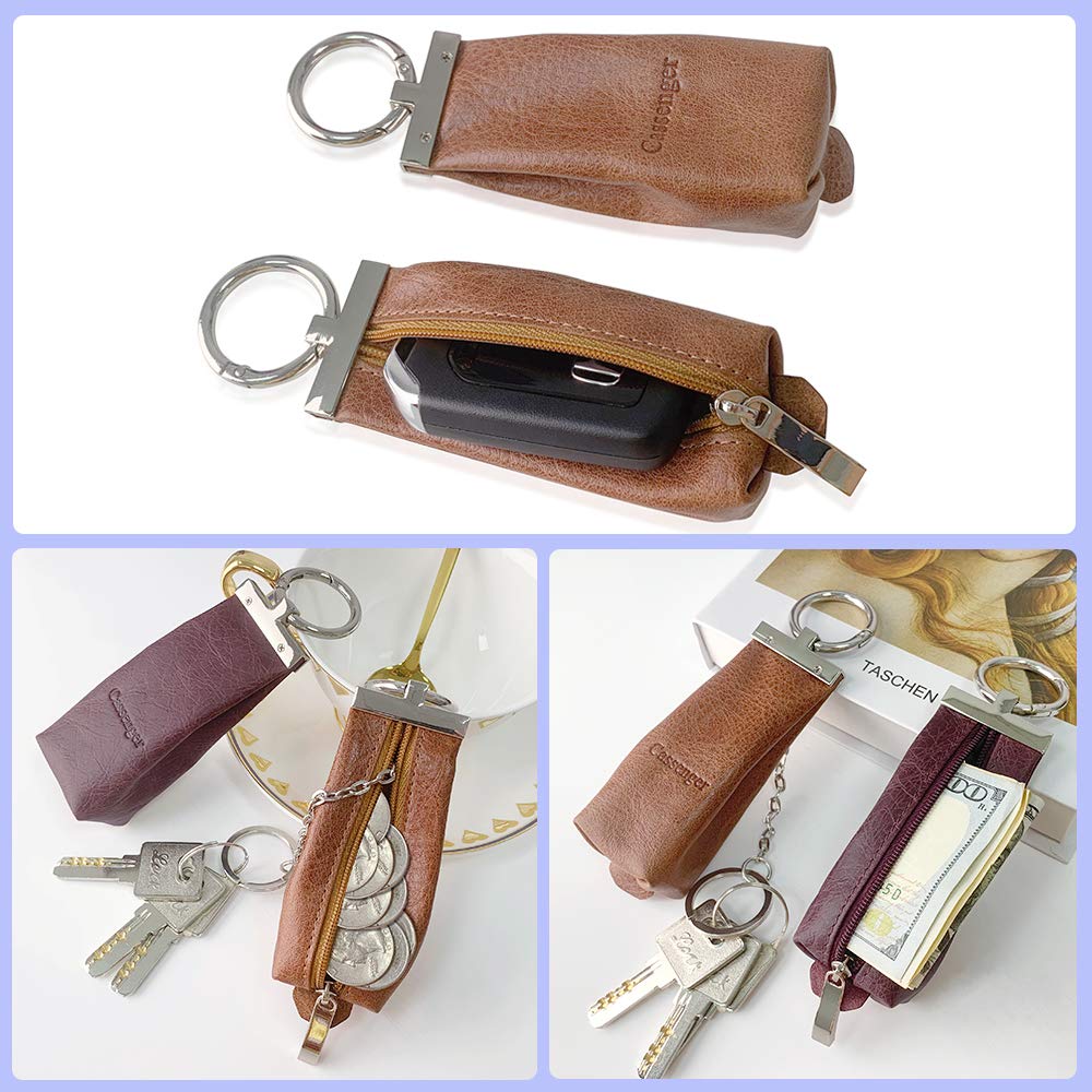 Cassenger Car Key Case, Genuine Leather Car Smart Key Chain Keychain Key Holder and Keyring Zipper Bag - Brown
