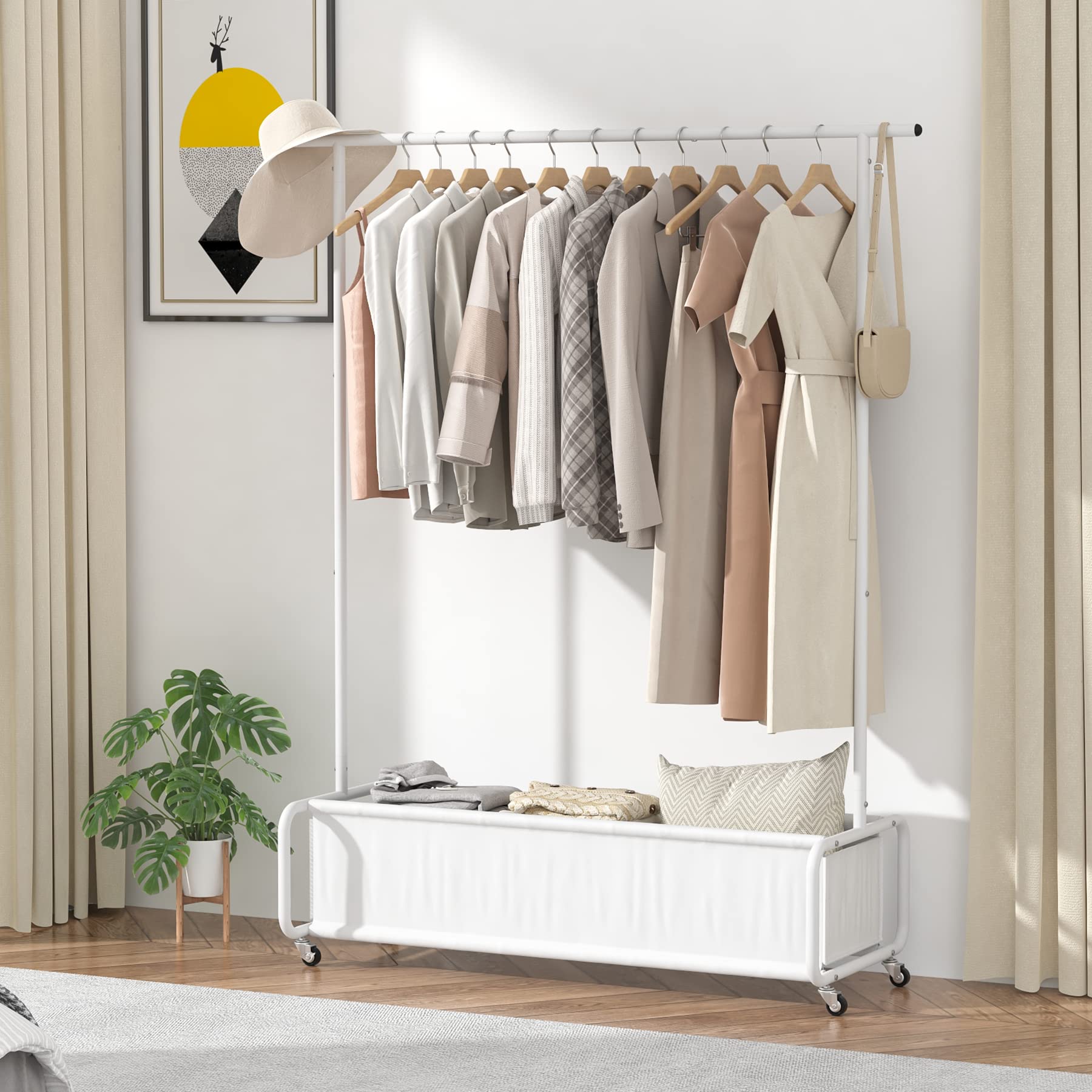 Boeeoan Clothes Rack With Large Storage Bag, Clothes Organizer Stand on Wheels, Garment Rack, Rolling Clothes Storage Cart, Coat Rack, for Bedroom, Laundry Room, Living-room, White