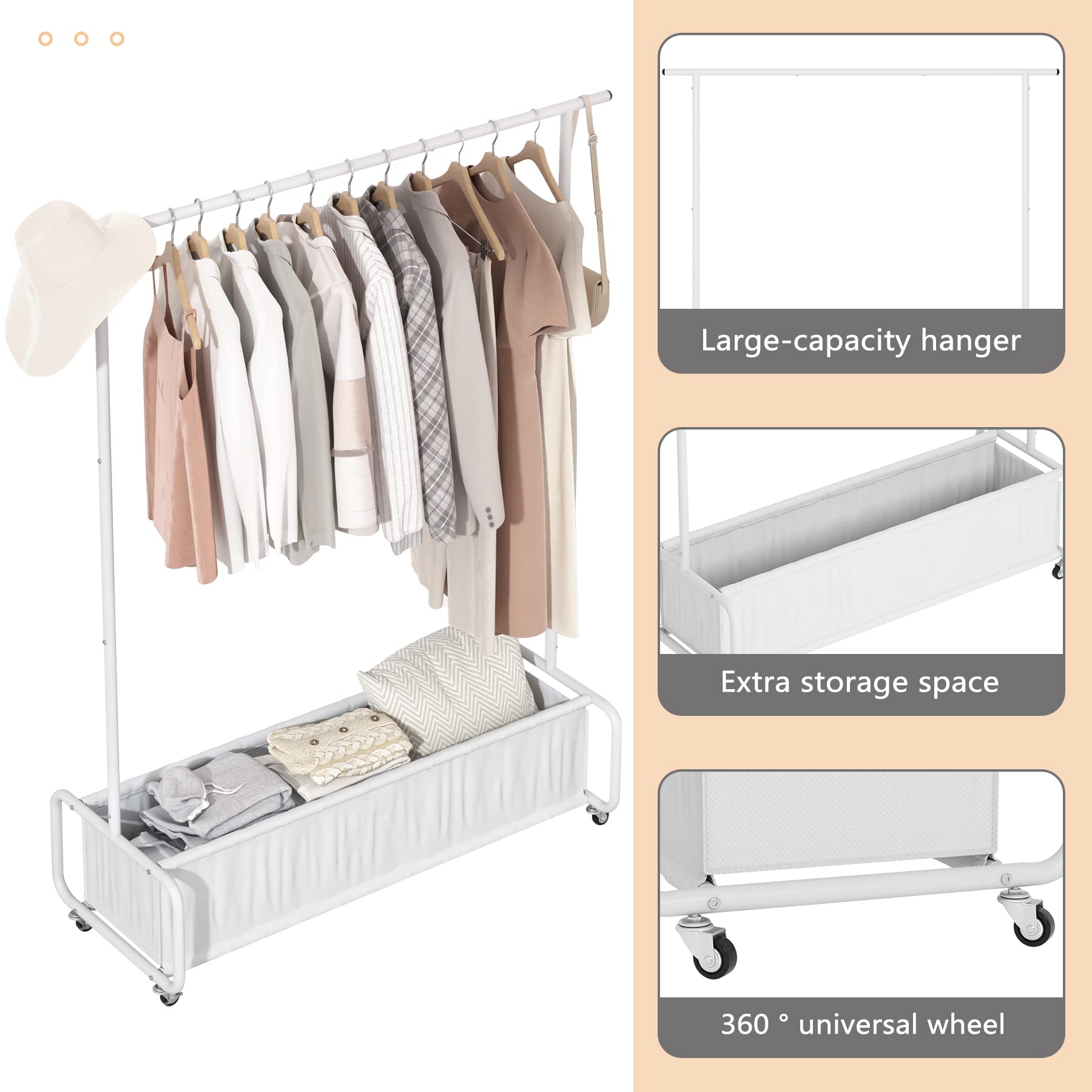 Boeeoan Clothes Rack With Large Storage Bag, Clothes Organizer Stand on Wheels, Garment Rack, Rolling Clothes Storage Cart, Coat Rack, for Bedroom, Laundry Room, Living-room, White