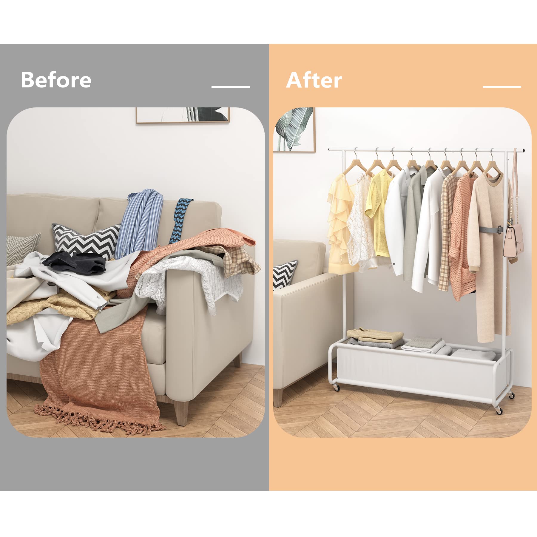 Boeeoan Clothes Rack With Large Storage Bag, Clothes Organizer Stand on Wheels, Garment Rack, Rolling Clothes Storage Cart, Coat Rack, for Bedroom, Laundry Room, Living-room, White