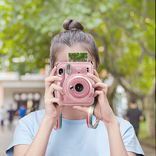 Fintie Protective Clear Case for Fujifilm Instax Mini 11 Instant Film Camera - Crystal Hard Shell Cover with Removable Rainbow Shoulder Strap, Glittering Pink